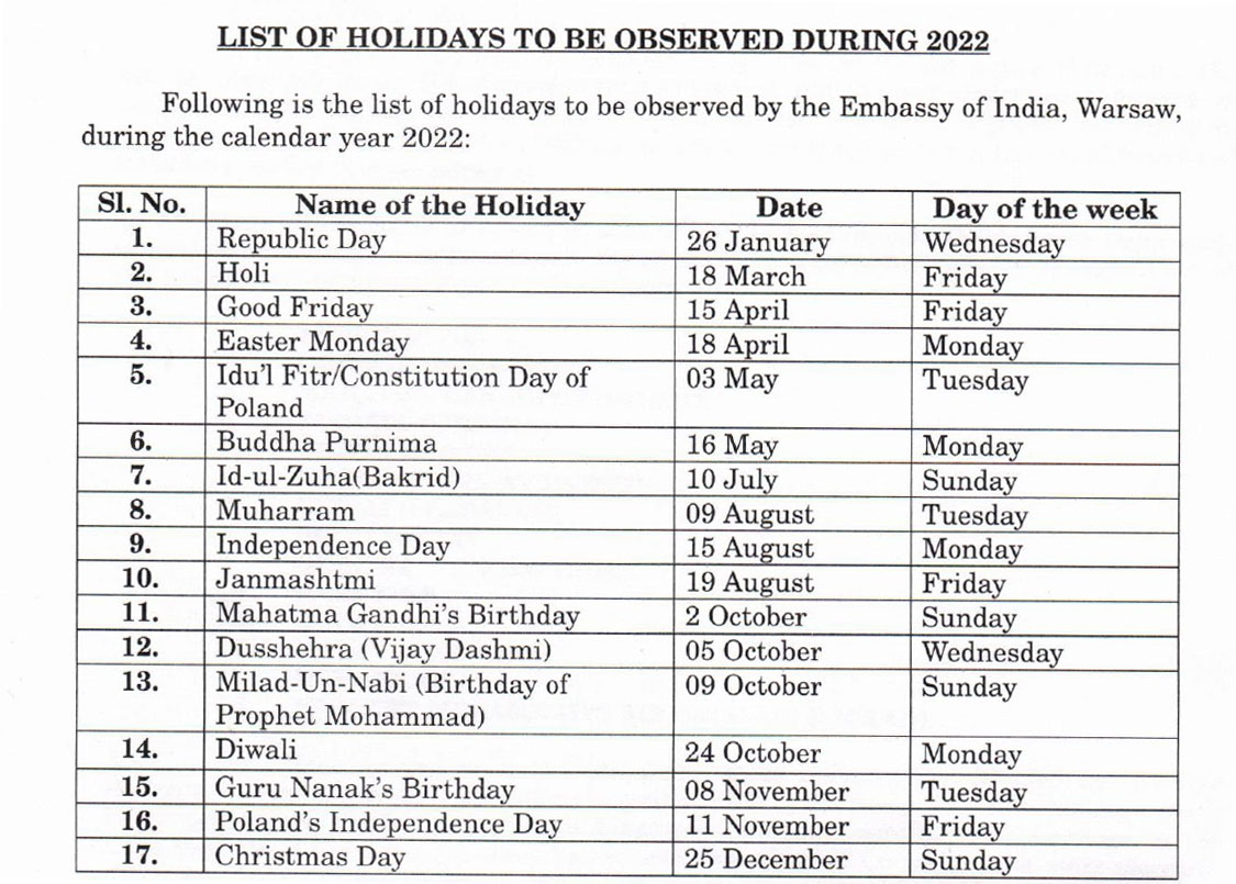Embassy of India, Poland & Lithuania : List of Holidays
